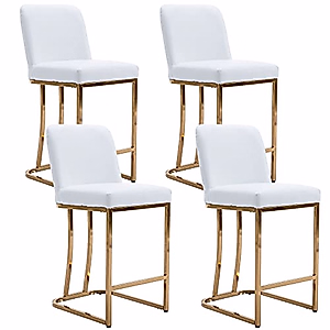BESTANO Mid-Century Modern Gold Counter Height Bar Stools with Back, 24" Leather Upholstered Counter Stool Chairs for Kitchen Island Set of 4, White Leather
