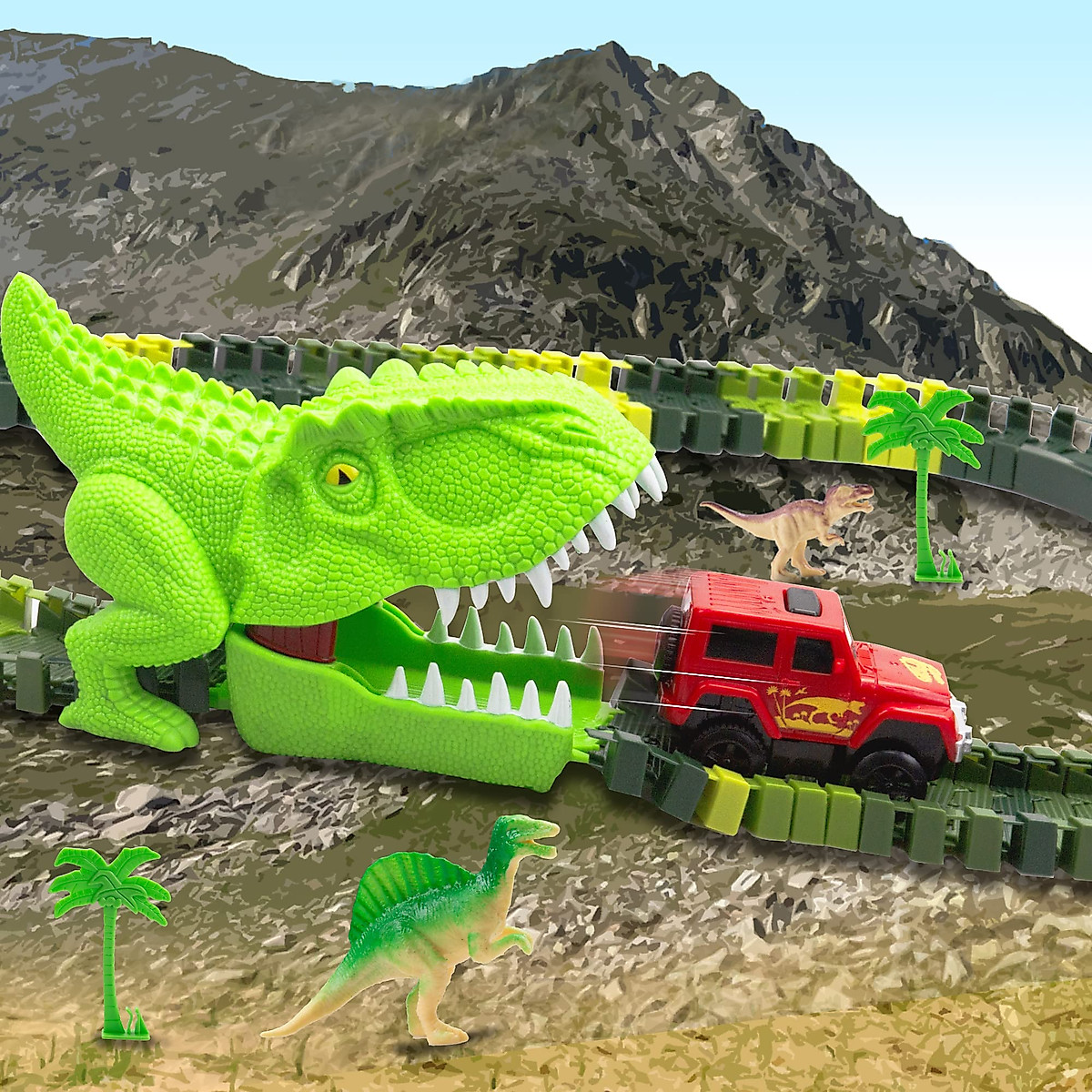 288 Pcs Dinosaur Race Car Tracks Set for Kids,Flexible Train Tracks to Create A Dino World Road with Bridge, 2 Electric Race Cars Best Gift for Toddlers Boys and Girls