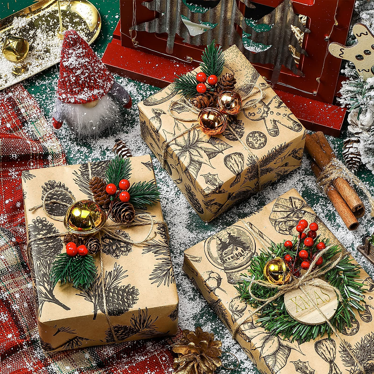 MAYPLUSS Kraft Christmas Wrapping Paper Roll - Mini Roll - 17 inch X 120 inch Per roll - 3 Different Rustic Design (42.3 sq.ft.ttl)