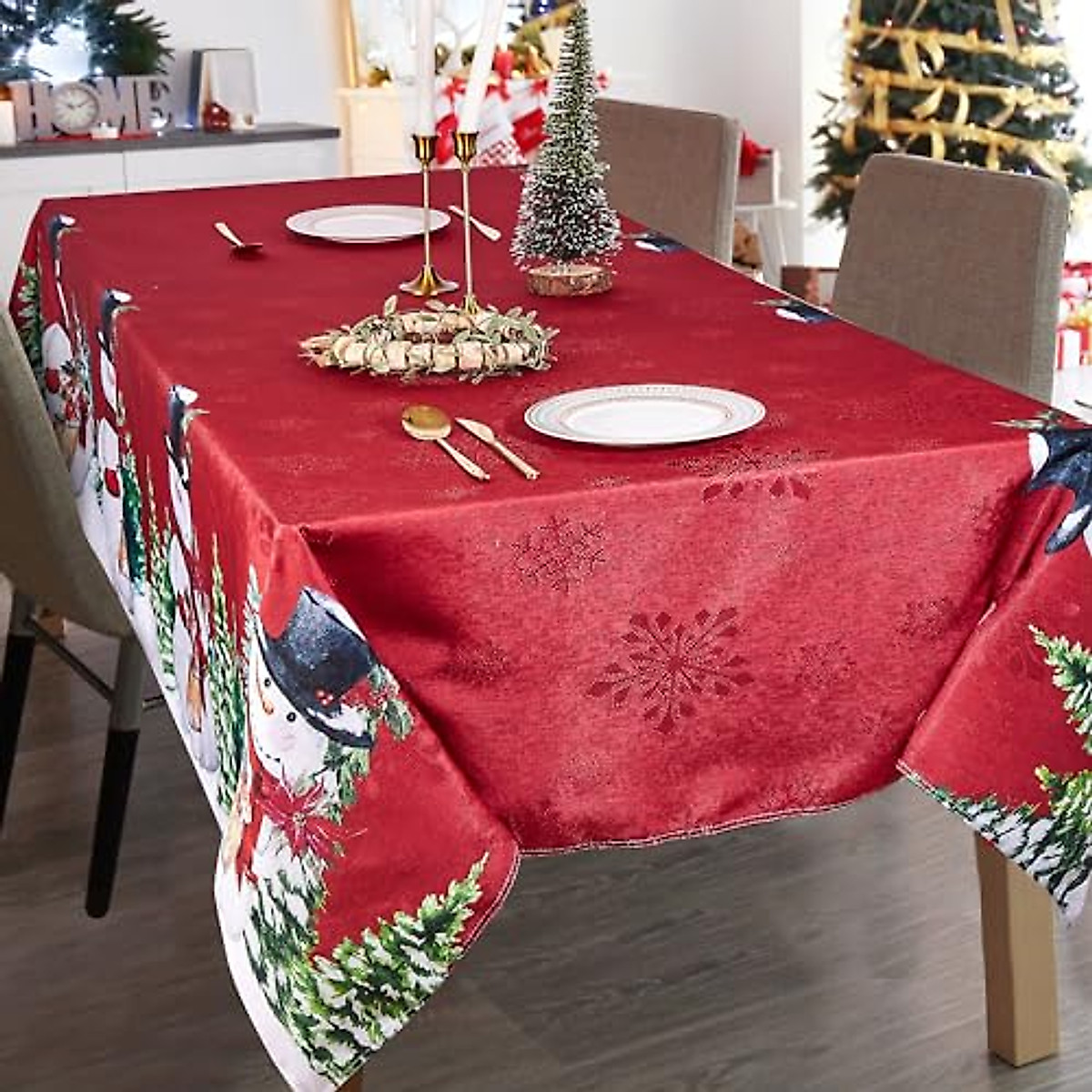 ARIDUR Square Christmas Tablecloth 52x52 Inch with Snowman and Snowflake Patterns,Red Jacquard Damask Fabric Table Cloth for Holiday Decoration and Winter