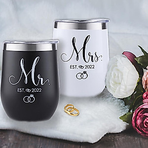Sparkle Moment Mr and Mrs Est 2022 Wedding Gift Set -12 oz Stainless Steel Wine Tumbler/Cup/Mug/ Bridal Shower/Bride to be/Engagement/Bachelorette Party for Newlyweds Couples (12 oz, Black & White)