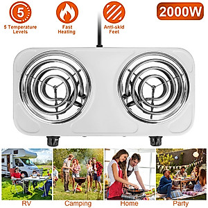 Countertop Burner, Electric Double Burners 2000 Watts, Hot Plate Cooktop with 5 Temperature Control, Non Slip Rubber Feet, Portable Coil Heating Stove Countertop RV Hotplate for Home or Dorm(White 2)