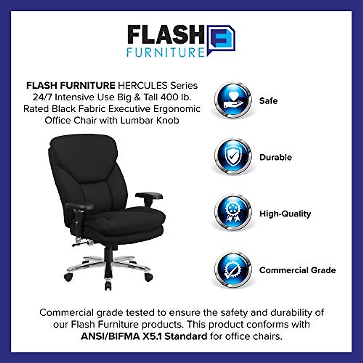 Flash Furniture HERCULES Series 24/7 Intensive Use Big & Tall 400 lb. Rated Black Fabric Executive Ergonomic Office Chair with Lumbar Knob