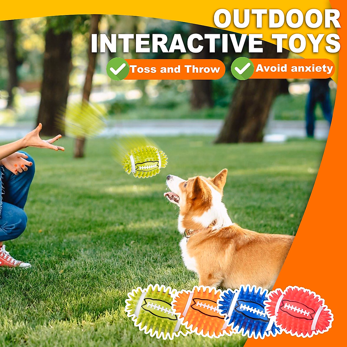 GHOBROFY 4.3” Dog Squeaky Football Toys 4 Pack, Interactive and Durable Spiky Dog Balls for Medium Large Dogs with Rugby Shape, Built-in Squeaker for Teeth Cleaning and Training