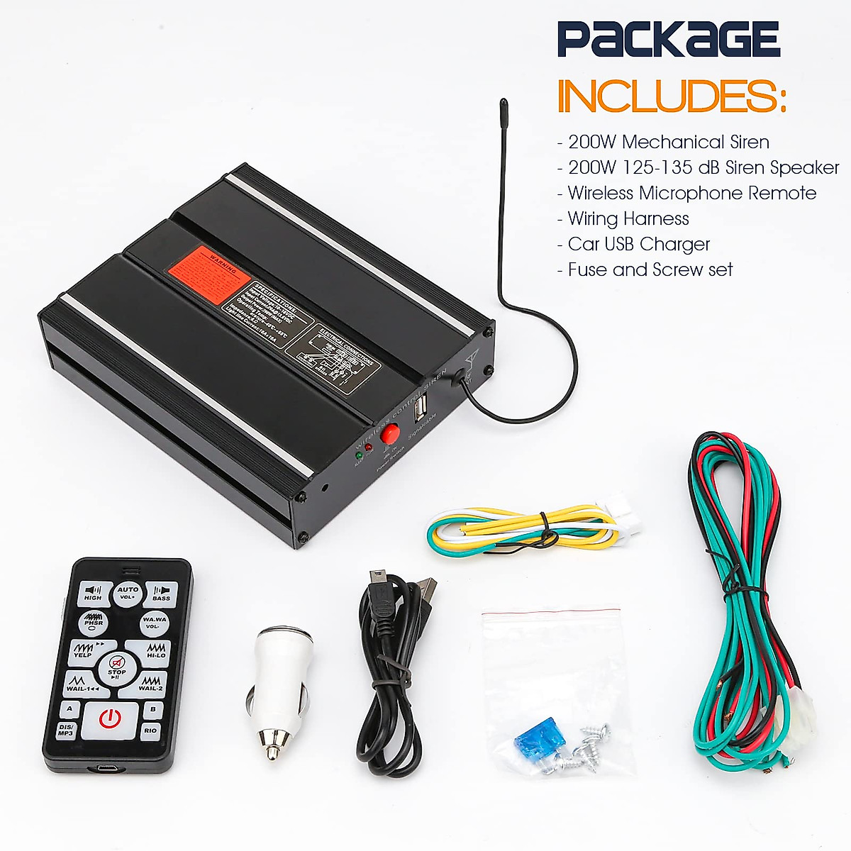 BooYu 12V 200W 20 Tones Police Warning Emergency Siren PA System [Slim Speaker][Wireless Remote Handheld Microphone][2 x 10A Switches] for Firefighter Ambulance Vehicles Truck Car SUV ATV UTV