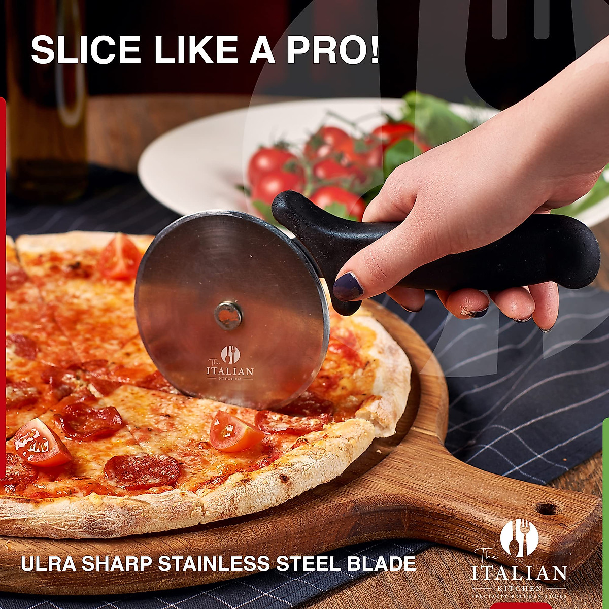 The Italian Kitchen Pizza Cutter Wheel - Restaurant Grade Stainless Steel 4 Inch Blade Pizza Slicer With Finger Guard
