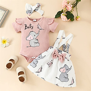Maemukilabe Infant Newborn Girl Elephant Outfits Headband Ruffle Romper Suspender Skirt Sets Baby Girls ' Clothing Sets (Pink, 0-3 Months)