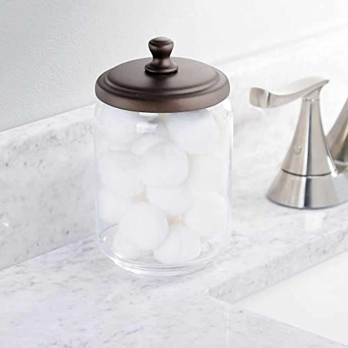 mDesign Small Modern Apothecary Storage Organizer Canister Jars - Glass Containers for Bathroom, Organization Holder for Vanity, Counter, Makeup Table, Hyde Collection, 3 Pack, Clear/Bronze