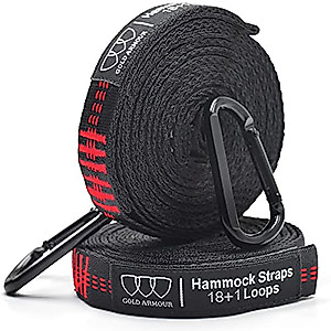 Gold Armour XL Hammock Straps Combined 20 Ft Long, 36 Loops with 2 Carabiners - Must Have Camping Hammock Accessories & Gear to Hang Camping Hammocks (Black with Red Stitching)