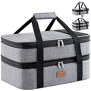 Lifewit Insulated Double Casserole Carrier Thermal Lunch Tote for Potluck Parties, Picnic, Beach, Fits 9 x 13 Inches Casserole Dish, Expandable by Mid Zipper, Grey