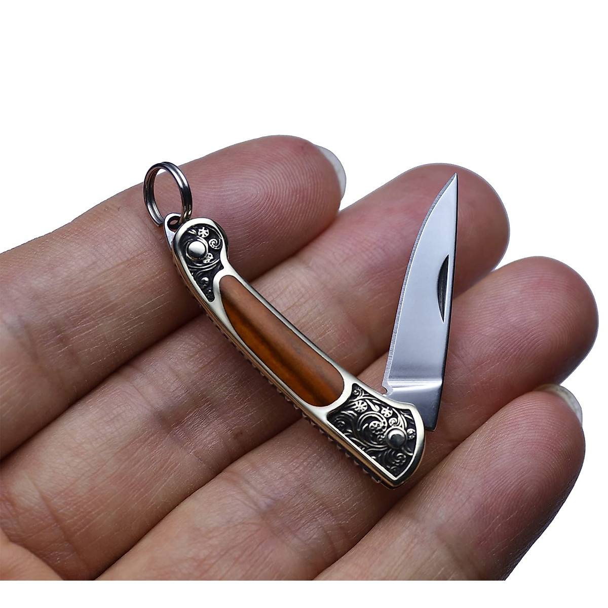 JPCRMOV Mini Pocket Knife Keychain for Men, Ultra Light 9g Compact Folding Knife EDC, Sharp X50CR15MoV Steel Blade, Brass Sandalwood Handle