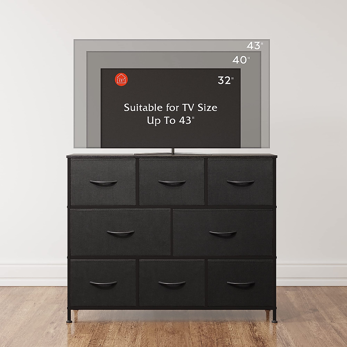 WLIVE Fabric Dresser for Bedroom, Storage Drawer Unit, Bedroom Dresser TV Stand for 32 40 43 inch TV, Wide Dresser with 8 Large Deep Drawers for Office, College Dorm, Charcoal Black