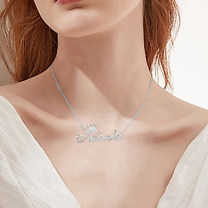 BETHZA Diamond Name Necklace Personalized 925 Sterling Silver Customize Nameplate Pendant Necklaces with Crown Gift for Women Mom
