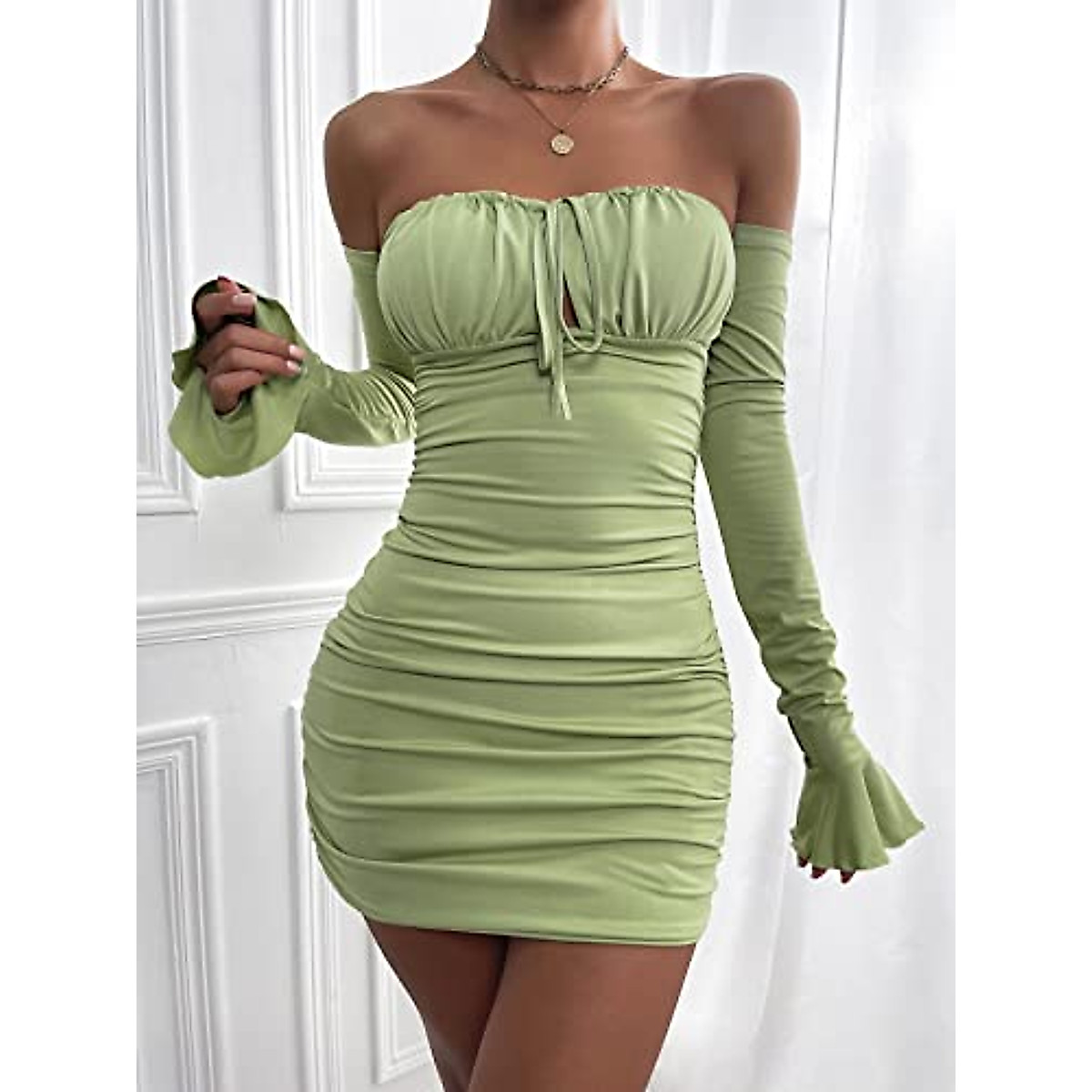 4UFIT Women's Sexy Long Sleeve Off Shoulder Ruched Party Mini Dress Green