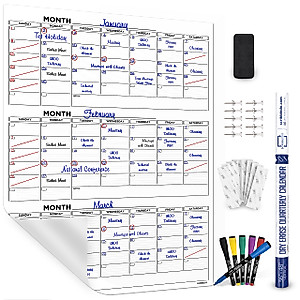 Large 36"x48" Quarterly White Board Calendar Dry Erase Calendar for Wall 3 Month Big Dry Erase Wall Calendar 2025 Monthly Dry Erase Board Planner Includes 6 Markers Eraser Push Pins & Mounting Tape