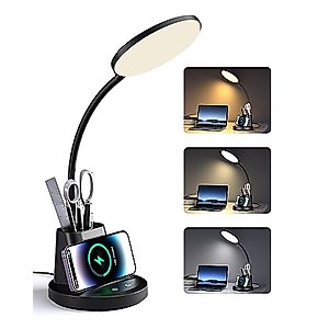 GOLSPARK Desk Lamp with Wireless Charger for Home Office, Eye-Caring Reading Lamp 3 Color Modes Stepless Dimming LED Desk Lamp, Touch Table Lamp with Pen Holder, CRI 90 AC Adapter Included