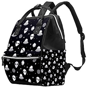 Space Themed Alien Face and Ships Diaper Tote Bags Mummy Backpack Large Capacity Nappy Bag Nursing Traveling Bag for Baby Care