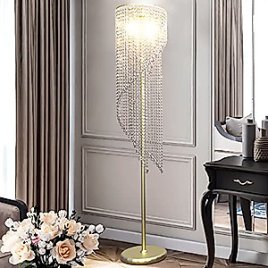 QiMH Crystal Floor Lamp for Living Room/ Bedroom Decor, Bling Elegant Rain Lamp, Gold Standing Indoor Tall Pole Light Simple Floor Lamp with Foot Switch