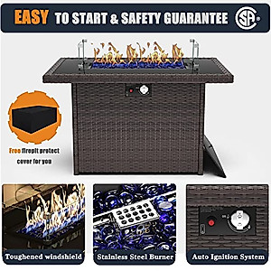 KHOLH 8 Pieces Patio Furniture Conversation Sofa Set with 44" Propane Gas Fire Pit Table, Outdoor Sectional Black Rattan Wicker Sofa Set