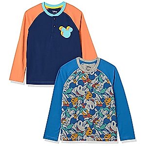 Amazon Essentials Disney | Marvel | Star Wars Boys' Long-Sleeve Henley T-Shirts, Pack of 2, Mickey Jumble, Medium