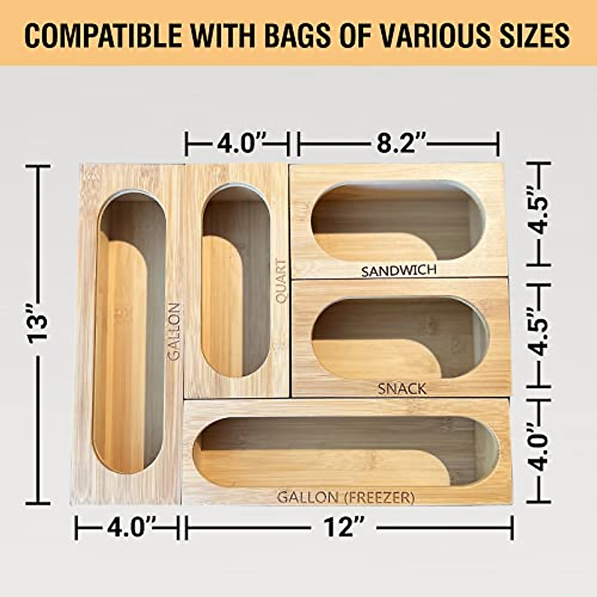 Waratah Home Bamboo Storage Bag Organizer - 5 Pc Magic Bag Organizer for Kitchen and Drawer, Compatible with Gallon, Quart, Sandwich, Snack and Variety Size Bag (Pack of 5)