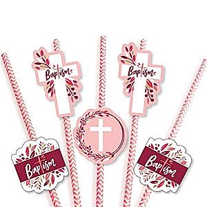 Baptism Pink Elegant Cross - Paper Straw Decor - Girl Religious Party Striped Decorative Straws - Set of 24