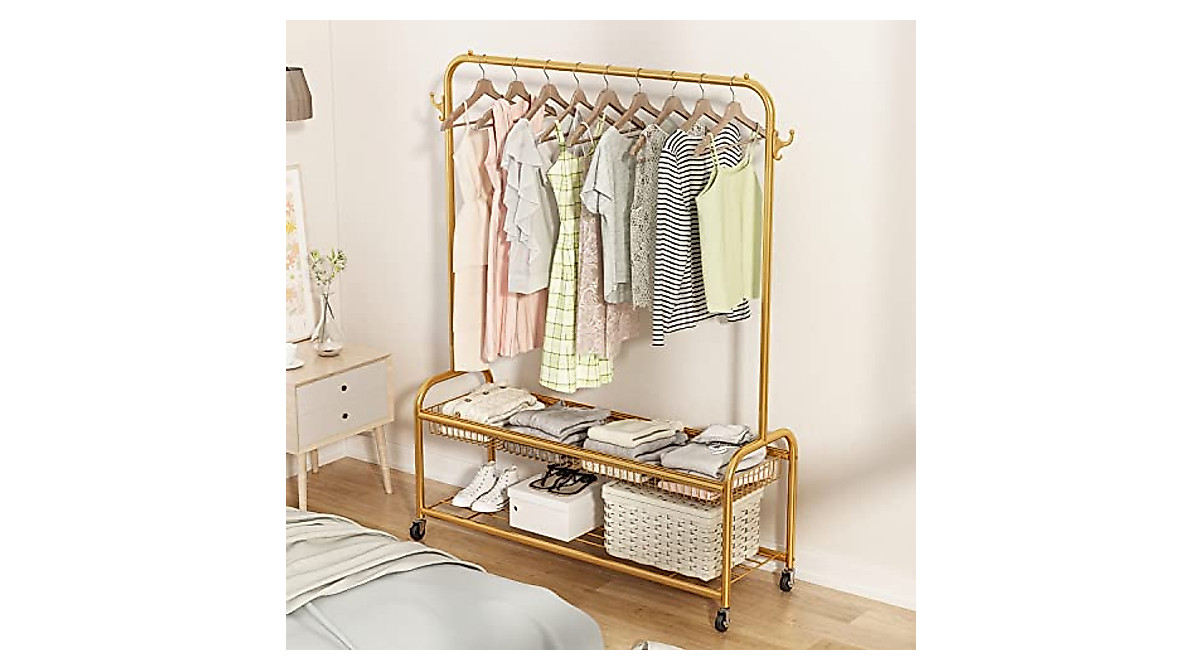 Gold Clothing Rack with Wheels for Easy Storage