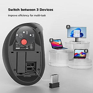 Wireless Vertical Mouse, Advanced Ergonomic Mouse Reduces Muscle Strain, 2400 DPI, USB C Rechargeable, 3 Device Connection (Bluetooth or USB), Compatible for PC, Laptop, iPad, Mac, Windows, Grey