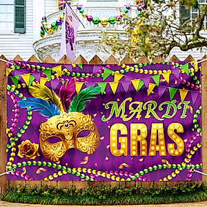 Large Mardi Gras Banner Decorations Purple Green Yellow Carnival Garden Flag Outdoor 72x44 Inch, Mardi Gras Gifts for Indoor Home House Decor Party Supplies, Yard Sign Background for Photography