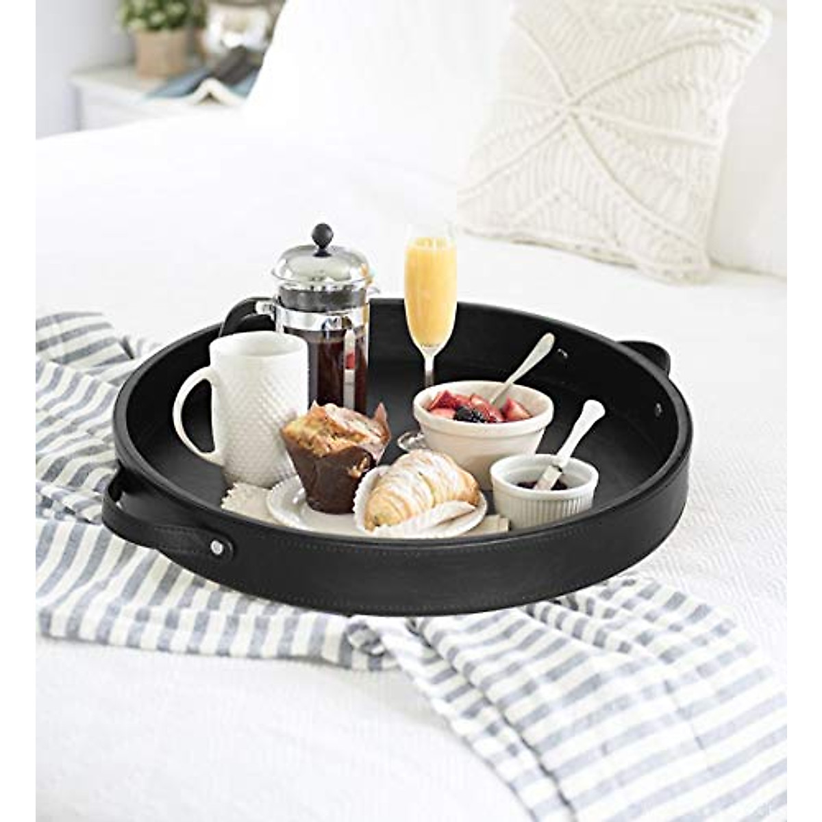 HofferRuffer PU Leather Round Tray, Serving Tray with Handles, Decorative Catchall Vanity Tray, Coffee Tray, Faux Leather Ottoman Tray for Home Or Office, Diameter 14.6-inch (Black)