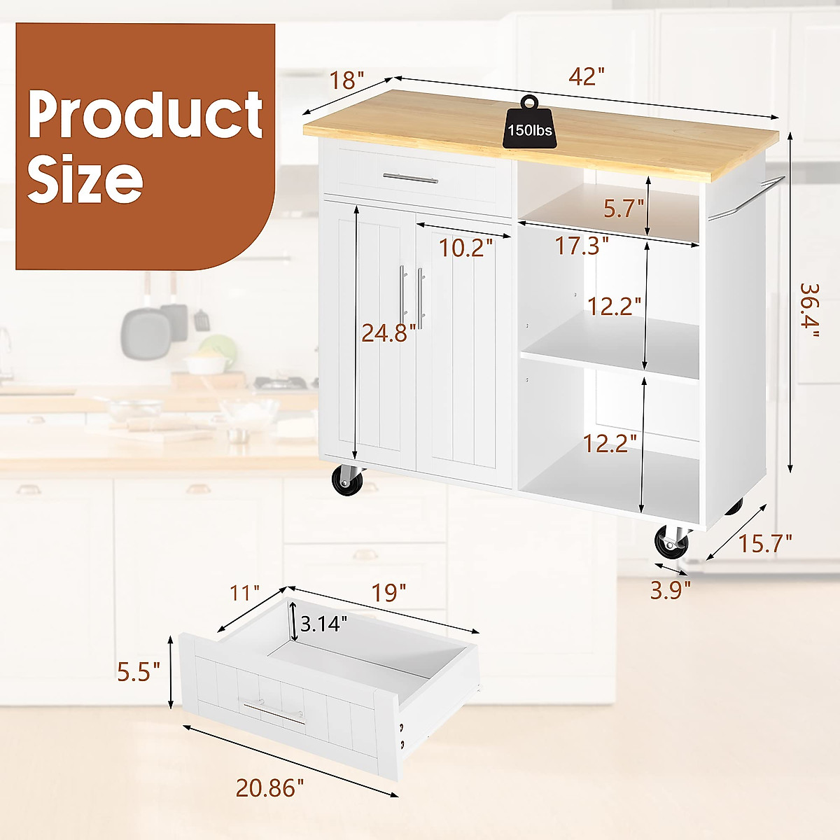 JY QAQA 42" Kitchen Island on Wheels with Storage Cabinet Kitchen Cart Cabinet with Shelves, Cart Handle for Towel Rack or Free Mobility, Portable Islands for Kitchen