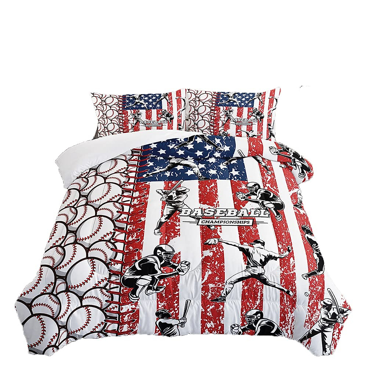 Suncloris 3D White American Flag Baseball Bedding Set for Kids,Flag Background Baseball Ultra Soft All Seasons Comforter Set Ball Sport Bed Set 1 Comforter 2 Pillowcases(White, Queen)