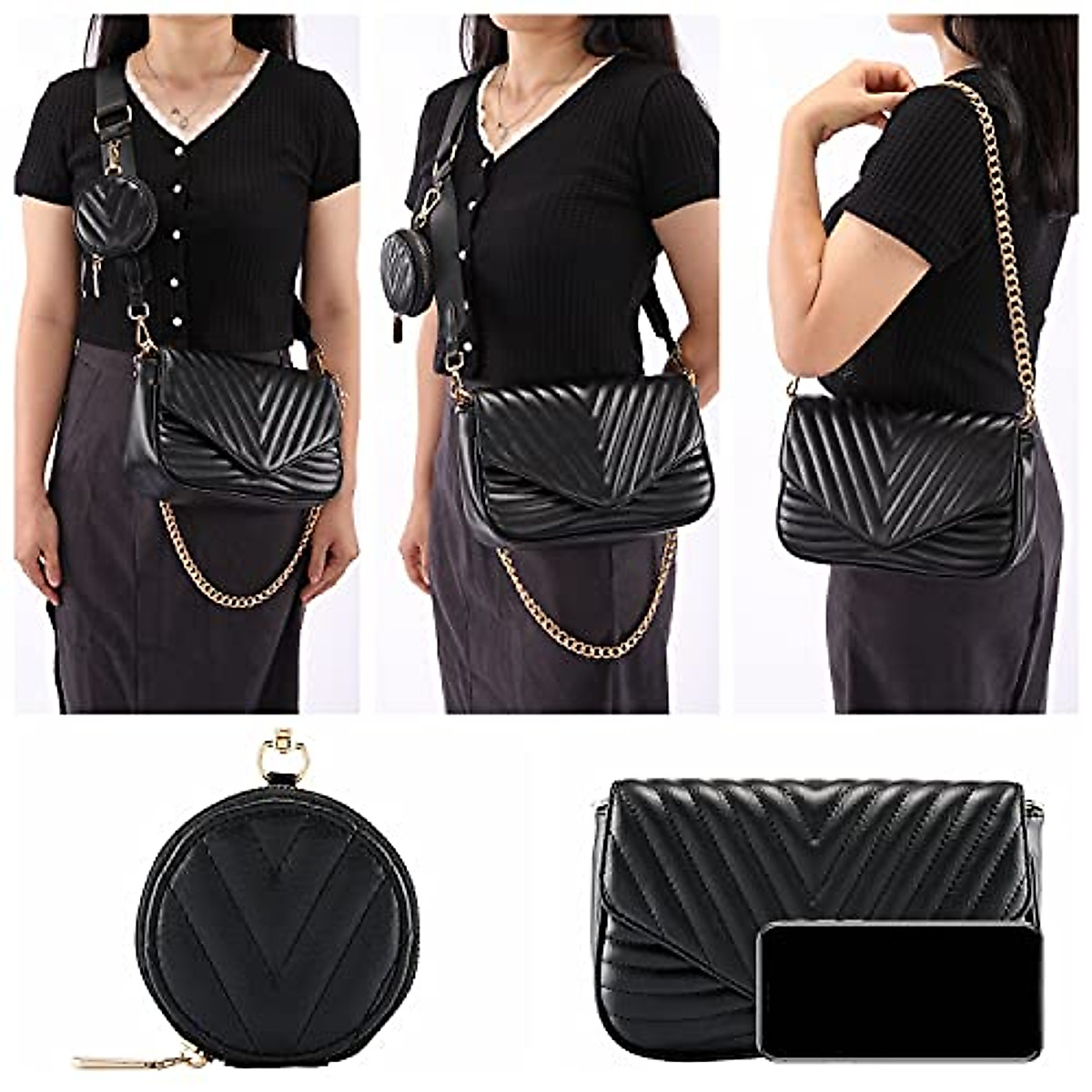 Ayliss Women Multipurpose Small/Medium Crossbody Bags Shoulder Handbag Coin Purse Trendy Clutch Evening Bag PU Leather Chain (Black)