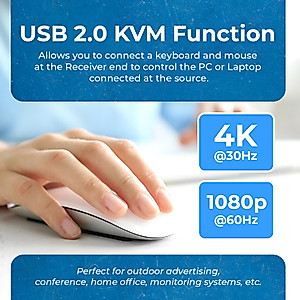 OREI KVM 4K HDMI Extender Balun Over Single CAT6/7 Ethernet Cable 4K,30Hz Upto 130 Feet - 2 USB 1.1 Ports, Supports Keyboard and Mouse