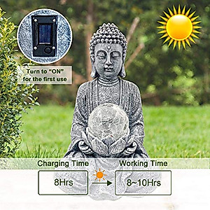 Nacome Meditating Buddha Statue with Solar Light,Zen Solar Garden Buddha with Cracked Glass Ball Sculpture-Indoor/Outdoor Decor for Balcony,Garden,Patio,Porch Yard Art Ornament,Gift