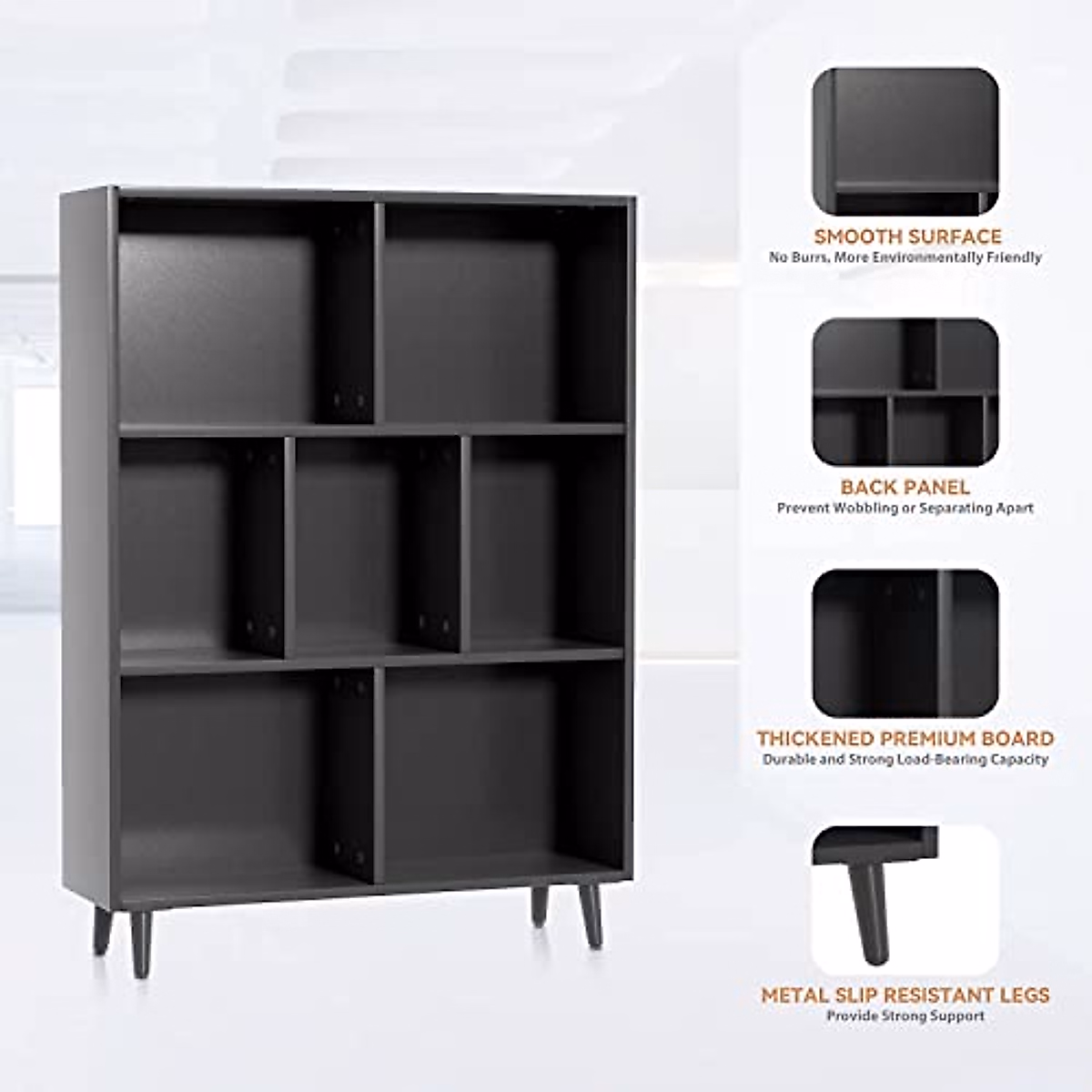 LAR-ME 3-Tier Bookshelf, Mid Century Bookcase with Legs, 7 Cube Wood Bookshelves Storage Organizer Shelf, Free Standing Narrow Book Shelves for Bedroom, Living Room, Office (Black)