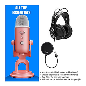 Blue Microphones Yeti USB Microphone Aurora Collection (Pink Dawn) Bundle with Monitor Headphones and Pop Filter (3 Items)