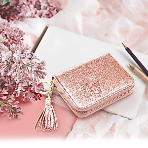 Coco Rossi Women's Small Credit Card Wallet RFID Glitter Bling Cute Accordion Card Holder with Zipper Pink