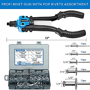 AKKTOL Rivet Gun Kit, 1/4" Pop Rivet Gun Kit with 210 Blind Rivets, Heavy Duty 13" Full Metal Rivet Gun Tool with 5 Nosepieces incl. 1/4", 3/16", 5/32", 1/8", and 3/32" for Metal, Gutter & Automotive