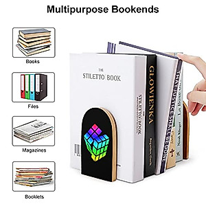 Magic Tie Dye Cube Logo Wood Book Ends for Shelves Non-Skid Bookend Book Stand Book Holder Stopper for Home Office School