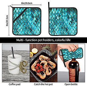 Turquoise Blue Mermaid Scales Pot Holders Set of 2 with Loop Heat Resistant Hot Pads for Cooking Baking Grilling