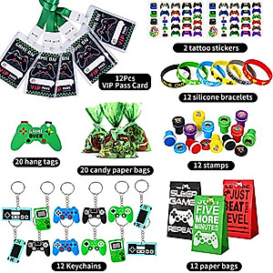 Tacobear 102 Pcs Video Game Party Favors for Kids Gamer Party Gift VIP Pass Holder Silicone Bracelet Keychain Temporary Tattoos Pinata Gift Goodie Bag Fillers Game On Themed Boys Birthday Party Supplies
