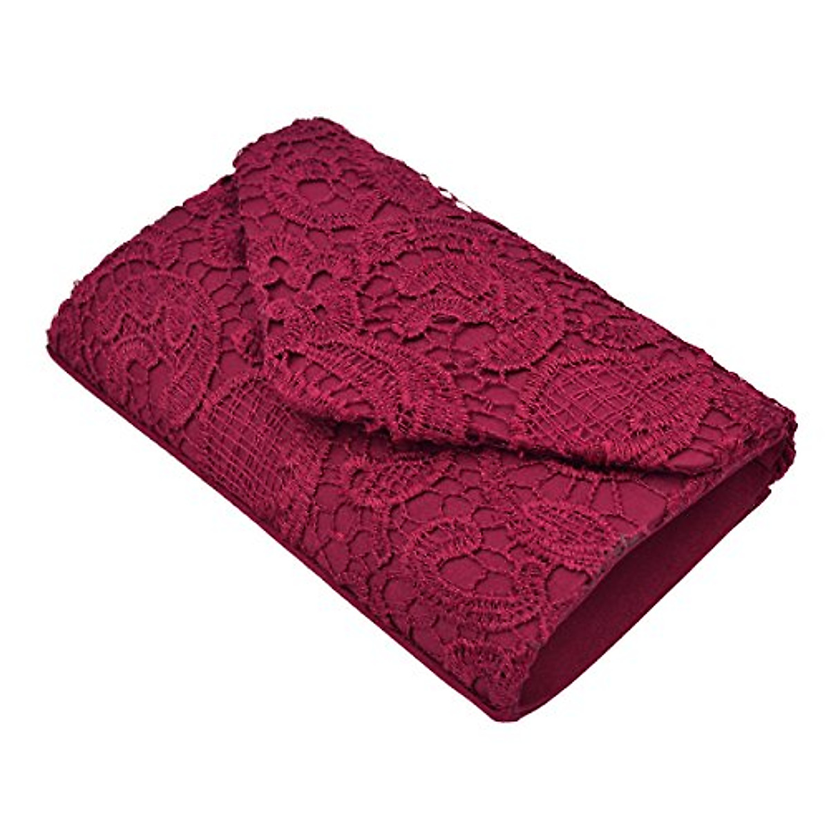 Lace Paisley Floral Fabric Satin Envelope Flap Clutch Evening Bag, Burgundy One Size