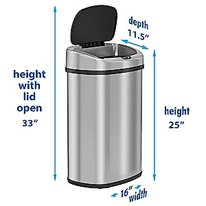 SensorCan 13 Gallon Battery-FREE Automatic Sensor Kitchen Trash Can with Power Adapter, Oval Shape Stainless Steel Garbage Bin with AC Plug