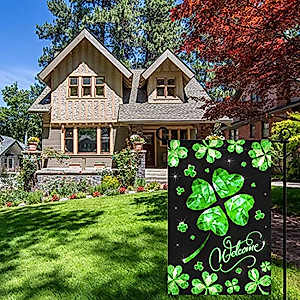 Funux St Patricks Day Garden Flag 12×18 Inch Double Sided Green Shamrock Clover Welcome Small Outside Vertical Holiday Yard Decor