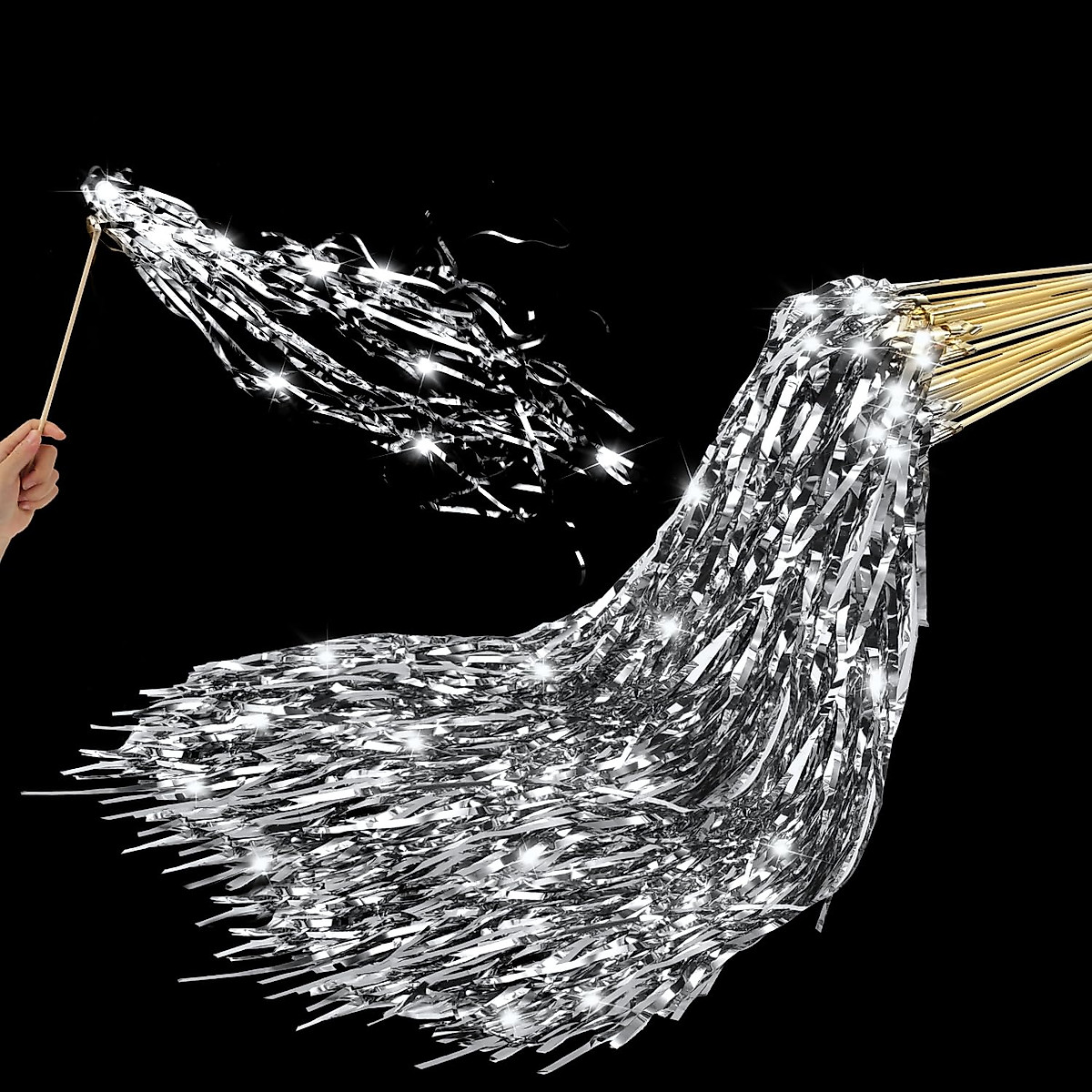 24pcs Lighted Wedding Wands Send off, LED Ribbon Stick with Shiny Foil Tinsel Glitter Hand Light up Streamers for Bridal Baby Shower Birthday Party Celebration (Silver)