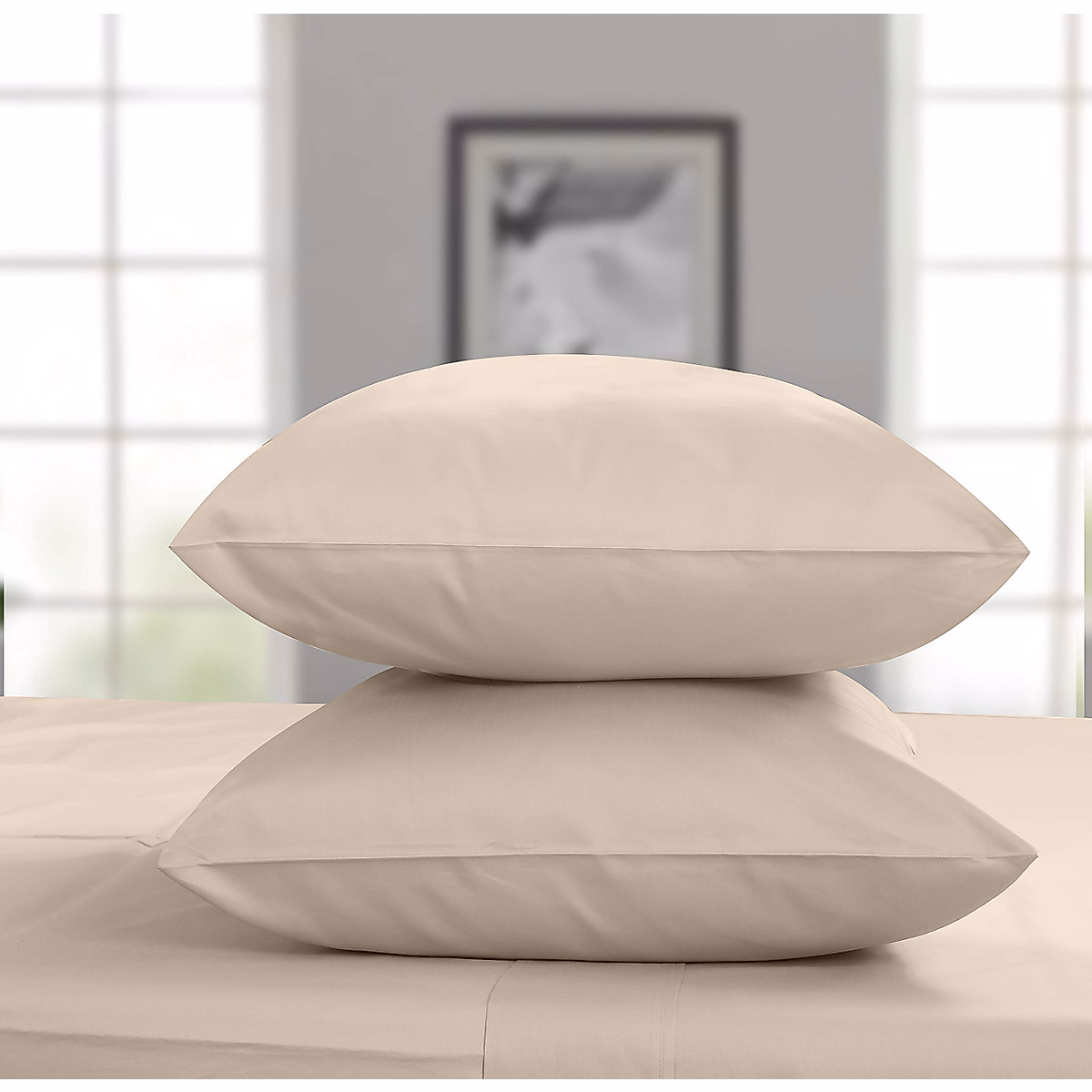 Threadmill King Size Pillow Cases Set of 2-100% Pure Cotton 300 Thread Count Sateen Weave Beige Pillow Cases - Ultra Soft & Silky, Comfortable Bed Pillow Covers - Hotel Quality Pillow Protectors