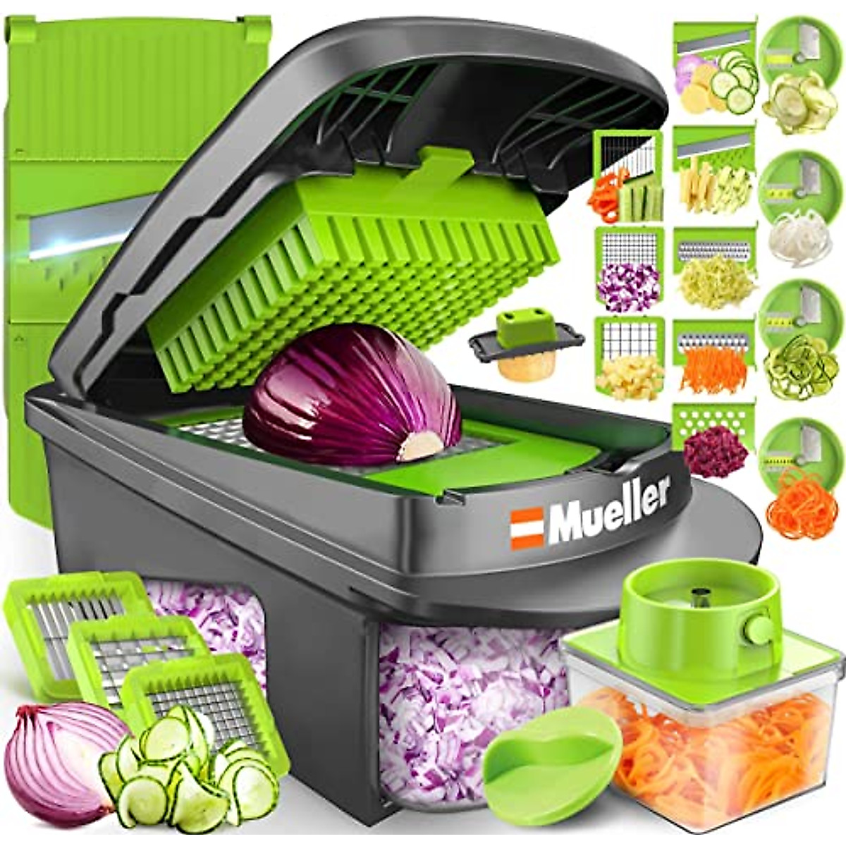 Mueller Pro-Series All-in-One, 12 Blade Mandoline Slicer for Kitchen Vegetable Chopper, Vegetable Slicer and Spiralizer, Cutter, Dicer, Food Chopper, Grater, Kitchen Gadgets Sets with Container
