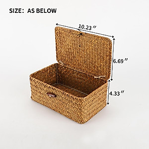 YRHOME Seagrass Rattan Basket Storage with Lid, Natural Hand-woven Rectangular Household Basket Bins for Organizer Boxes Shelf Desk (Original 10.2’’D X 6.7’’W X 4.3’’H)