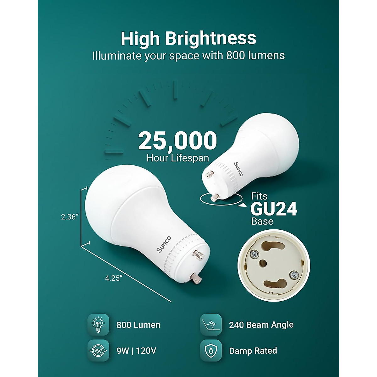 Sunco 2 Pack GU24 LED Bulbs 2 Prong A19, CRI91 5000K Daylight, 9W Equivalent 60W, CFL Replacement 800 Lumens, Super Bright Dimmable, Twist & Lock GU24 Pin Base with Two Prongs, Instant On UL